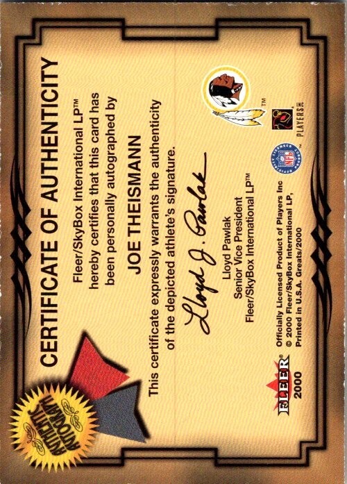 2000 Fleer Greats of the Game JOE THEISMANN AUTO Washington Redskins | eBay