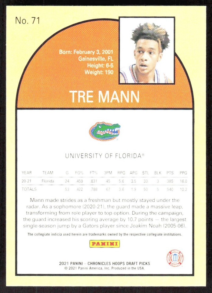 2021-22 5067A Panini Chronicles NBA HOOPS Draft Picks Tre Mann Rookie ...