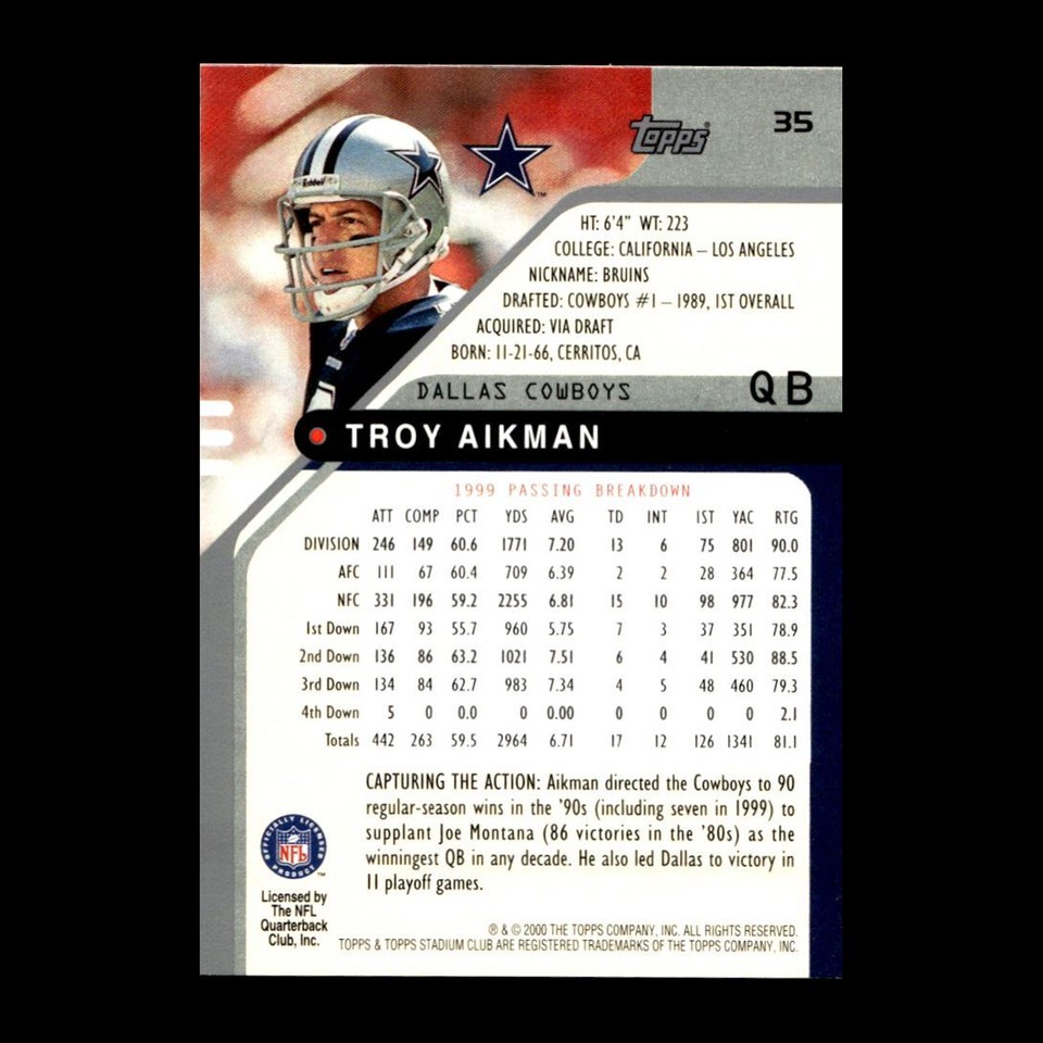 Troy Aikman 2000 Stadium Club Dallas Cowboys #35 R307 1 | eBay