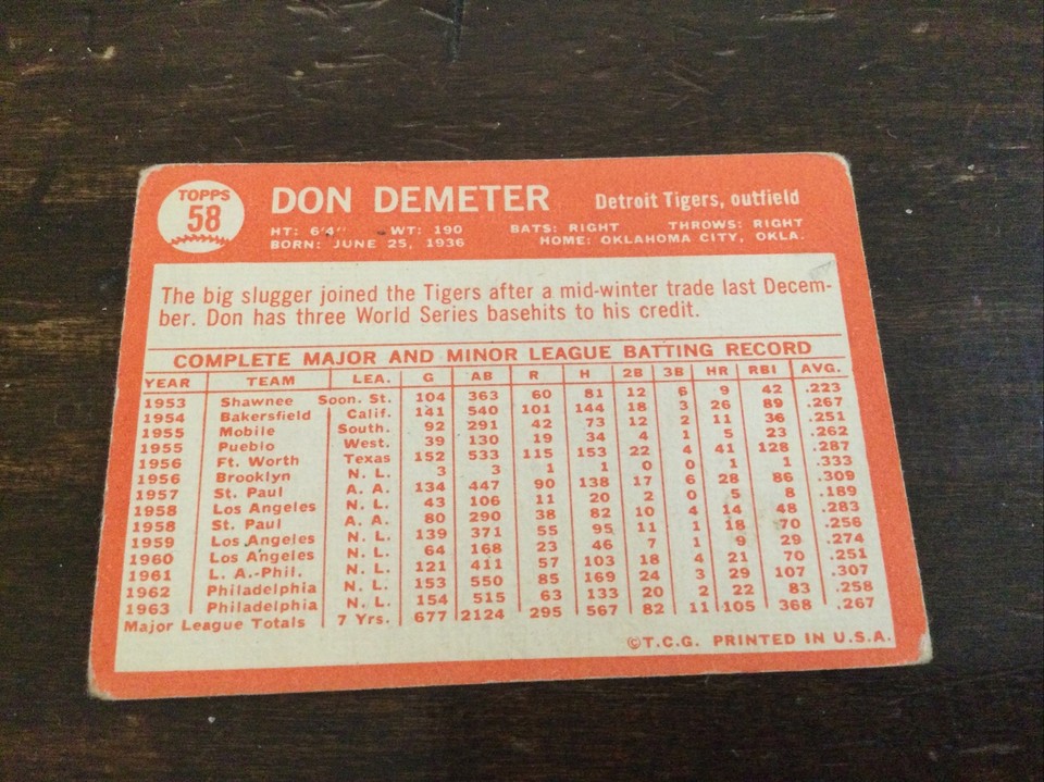 1964 TOPPS #58 DON DEMETER PHILADELPHIA PHILLIES SIGNED BASEBALL CARD ...