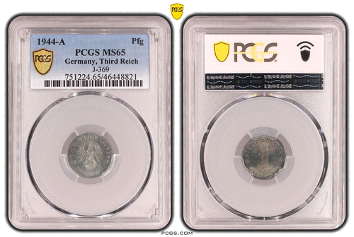 **PCGS MS65** 1 Pfennig 1944 A SWASTIKA Germany Third Reich J-369 Coin ...