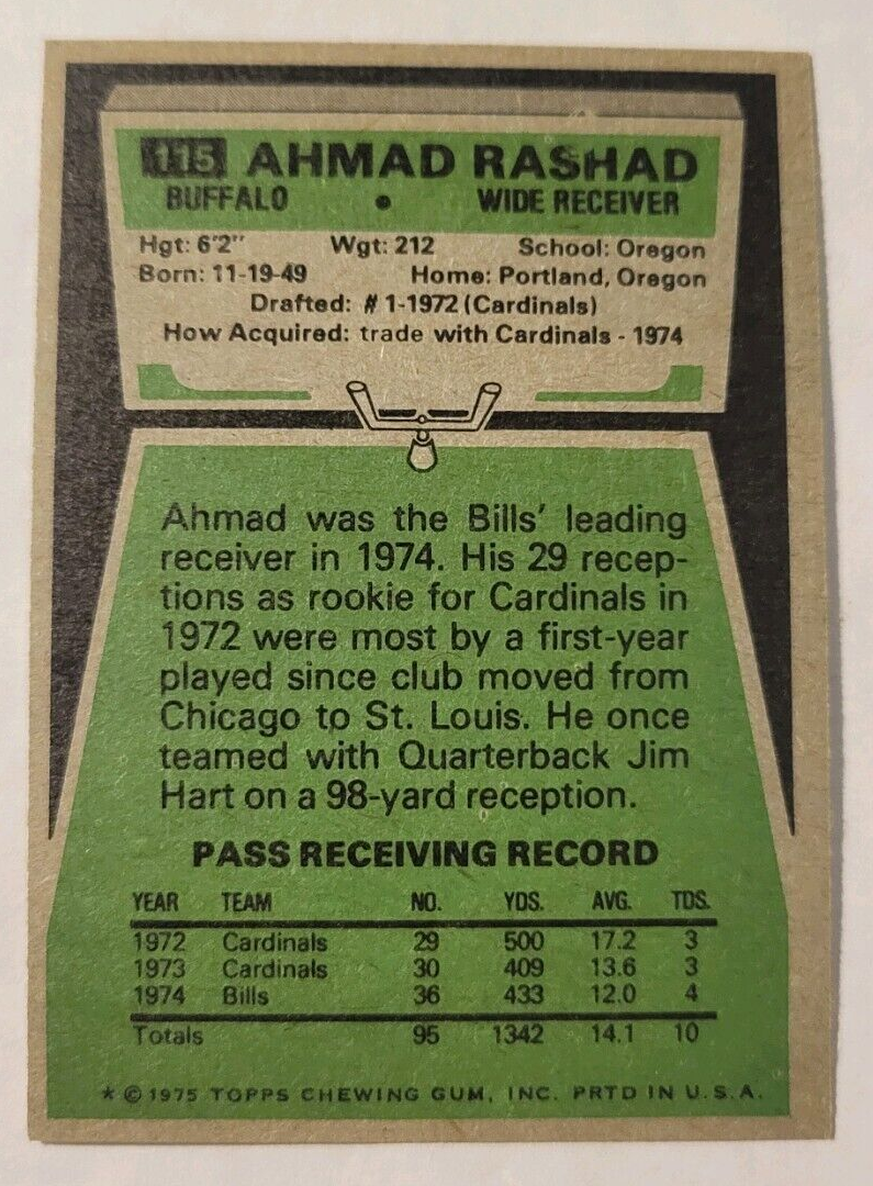 1975 Topps Football Card #115 Ahmad Rashad Bills (A) | eBay