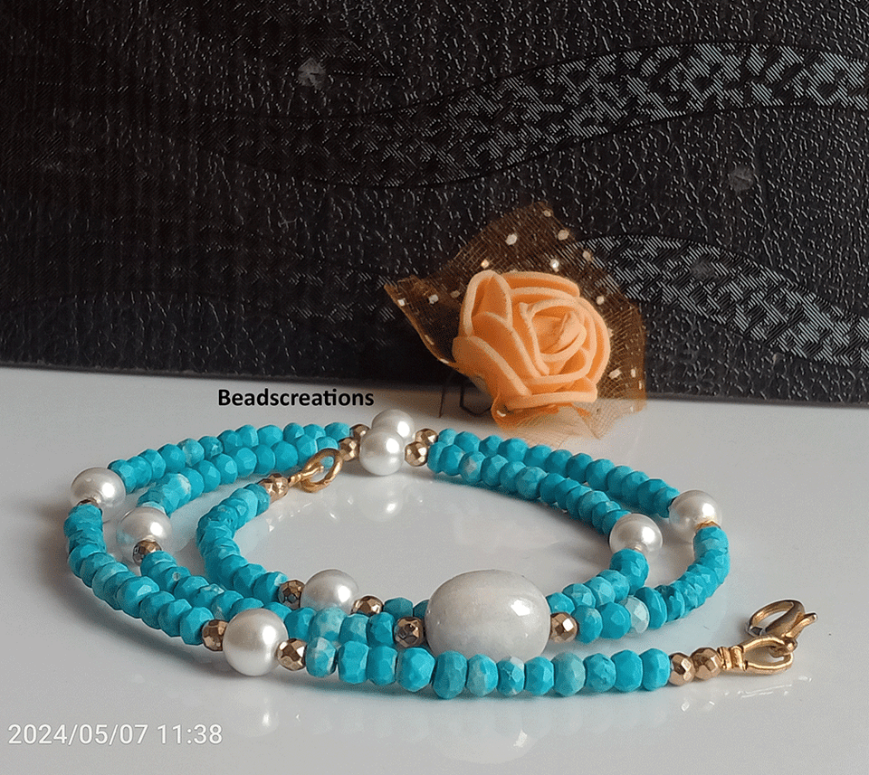 3mm Turquoise and White Pearl Gemstone Beads Jewelry Necklace Gift for ...