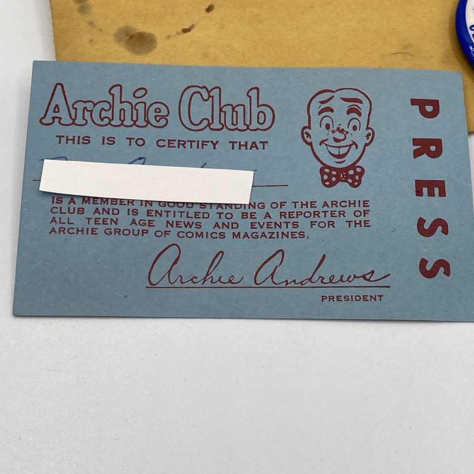 Original 1950s vintage Archie Club Pinback button, certification card ...