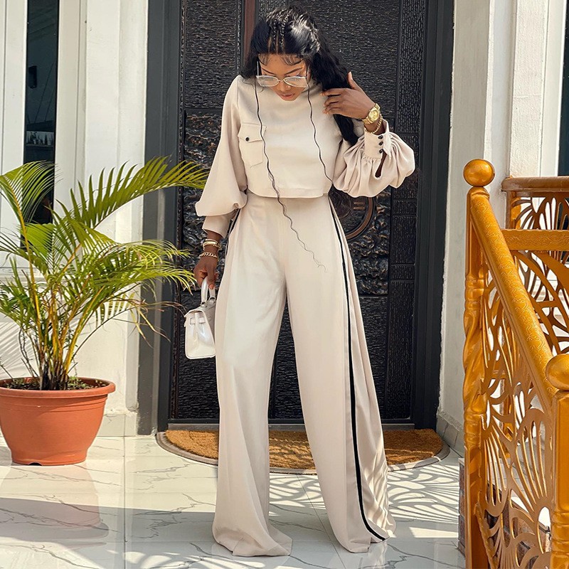Women's Fashion Casual Half-high Collar Long Sleeves Top Wide Leg Pants ...