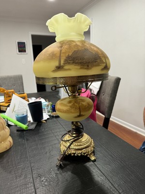 Fenton Burmese Uranium Glass Hand Painted Trees Log Cabin Hurricane ...