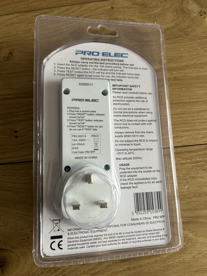 Plug-In RCD Adaptor - PRO ELEC, RCD 13 Amp UK Mains Socket Plug Power ...
