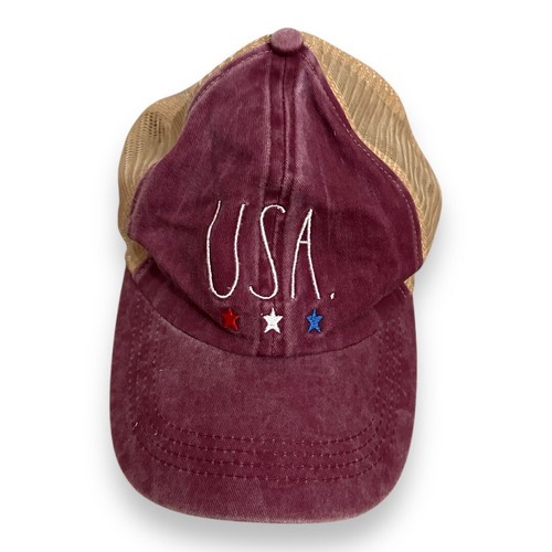 Rae Dunn USA Red Tan Stars Baseball Cap Mesh Adjustable Snapback EUC ...