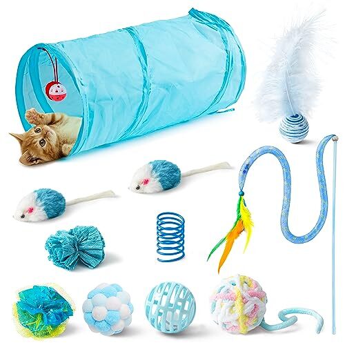11Pcs Cat Toy Set Interactive Cat Toys Pack with Foldable Tunnel ...