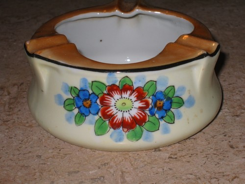 VINTAGE ORANGE LUSTER HDPTD FLORAL CERAMIC ASHTRAY 5" D OLD RED JAPAN ...
