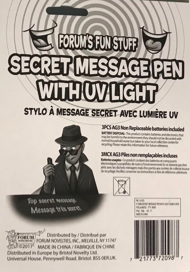 SECRET MESSAGE PEN WITH UV LIGHT Invisible Ink Spy Joke Gift Funny Toy ...