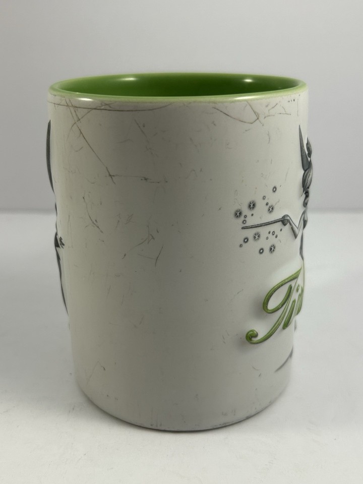 Disney Store Tinker Bell Coffee Mug Cup Raised 3D Tink White Green Gray ...