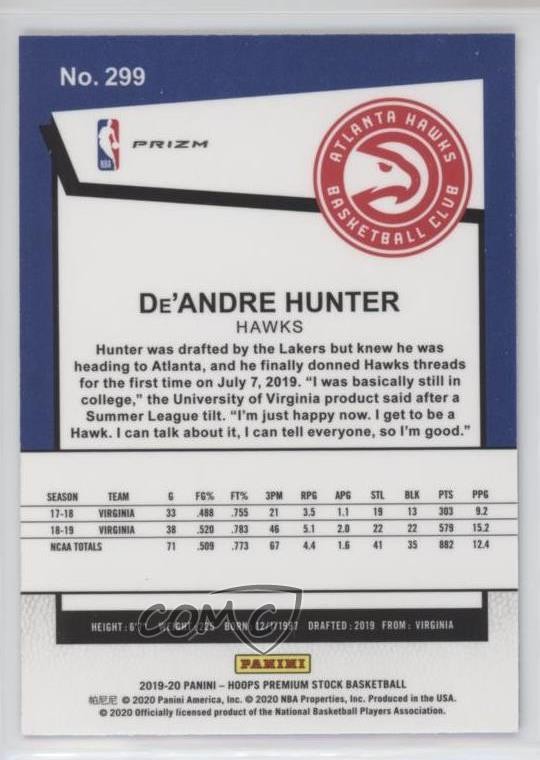 2019 NBA Hoops Premium Stock Tribute Blue Prizm De'Andre Hunter Rookie ...