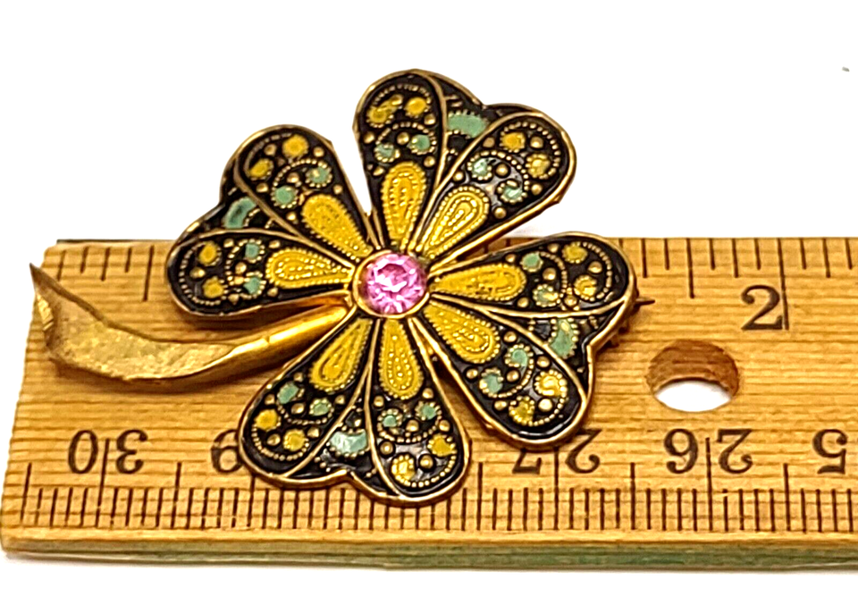 Small Flower Brooch Pin Multicolor 4 Leaf Design with Red Stone in ...