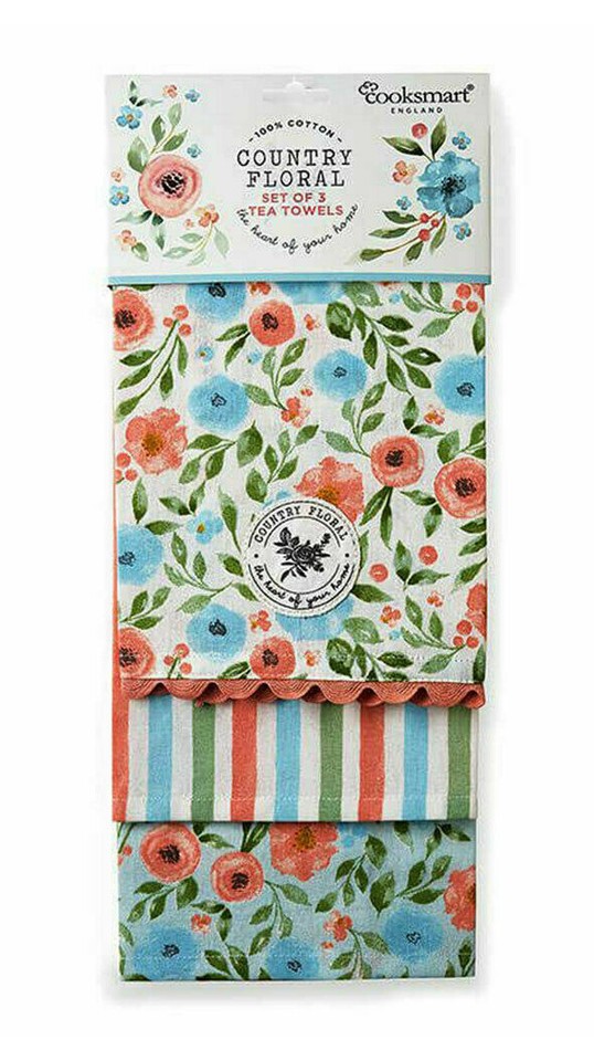Cooksmart 100% Cotton Tea Towels Set of 3 Decorative Kitchen | eBay UK