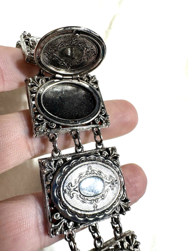 Vintage Bracelet ART Photo Locket Panel Silvertone Wide Signed 6.5 inch ...