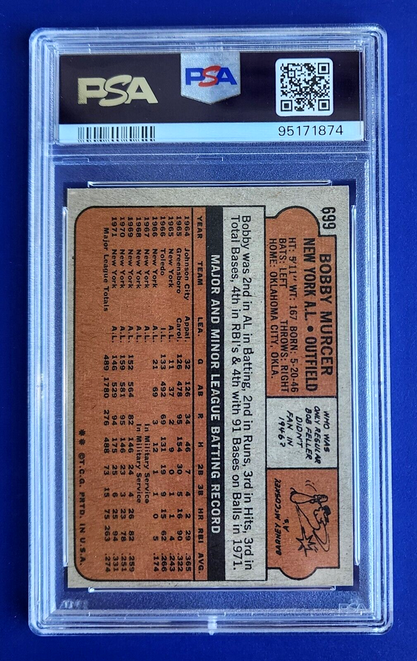 Bobby Murcer 1972 Topps HIGH NUMBER SHORT PRINT #699 Yankees LOW POP ...