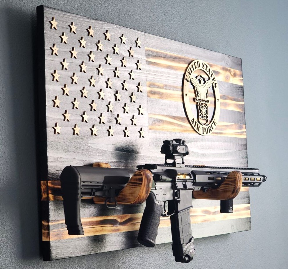 Wooden Rustic American Flag with Gun Rack Air Force Handmade 36” x 19.5 ...