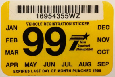 🐾 1999 TEXAS WINDSHIELD RENEWAL STICKER ($4.95 W/FREE SHIPPING) NEW ...