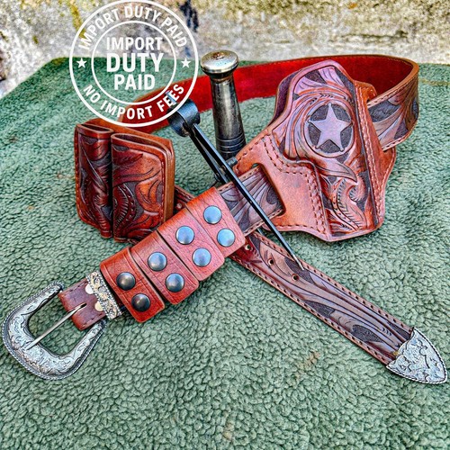 1911 Leather Western Duty Gun Belt in Texas BBQ Style With 3 Piece ...
