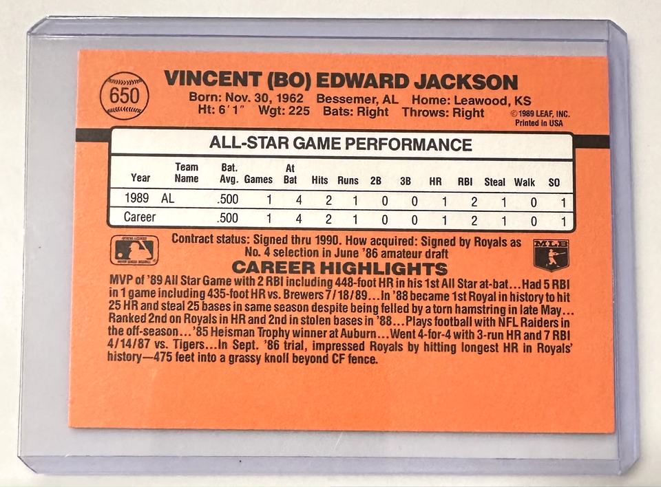 1990 Donruss Bo Jackson All Star Error Card, No TM American League ...