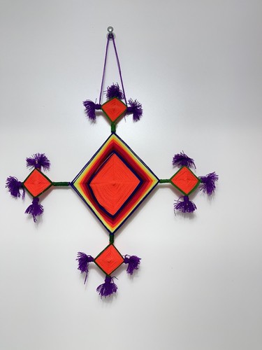 Vtg Ojo De Dios Mandala Gods Eye Wall Hanging Orange Purple Green ...