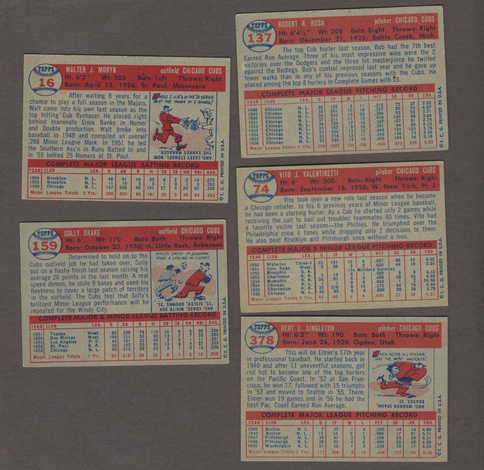 Chicago Cubs (5) Solly Drake #159 RC, Moryn #16~ 1957 Topps Baseball ...