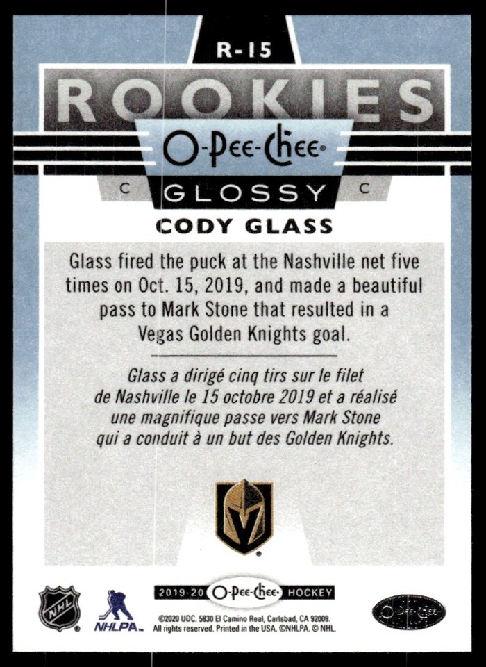 2019-20 Upper Deck O-Pee-Chee Glossy Rookies Cody Glass Rookie Vegas ...