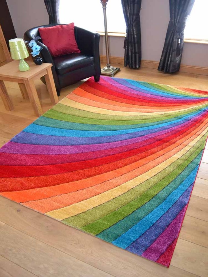 Funky Bright Rainbow Rugs Modern Multi Coloured Thick Runner Large Rug ...