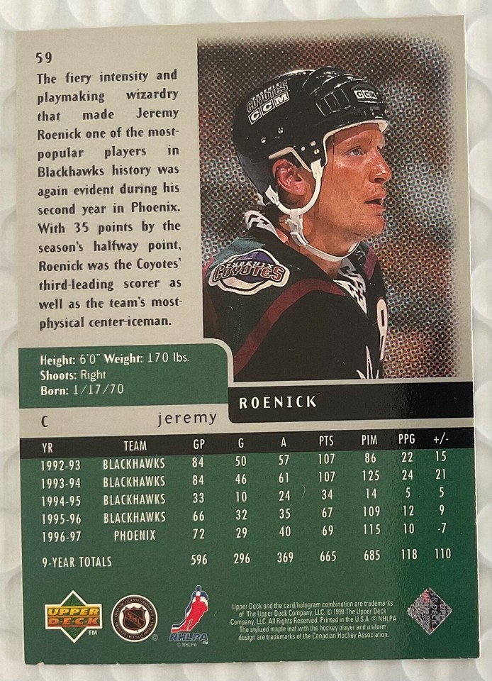 1997-98 JEREMY ROENICK UPPER DECK BLACK DIAMOND TRIPLE DIAMOND CARD #59 ...