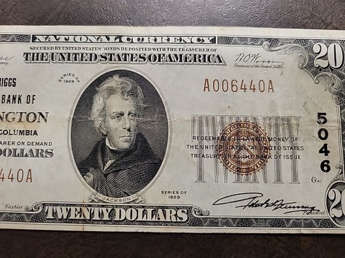 1929 The Riggs National Currency Bank Washington, DC $20 Twenty Dollars ...