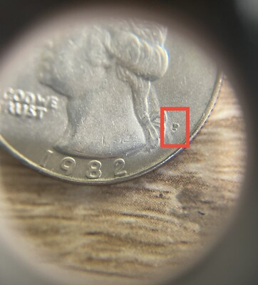 1982 P WASHINGTON QUARTER. Filled Mint Mark - Rare Coin - Wide rim ...