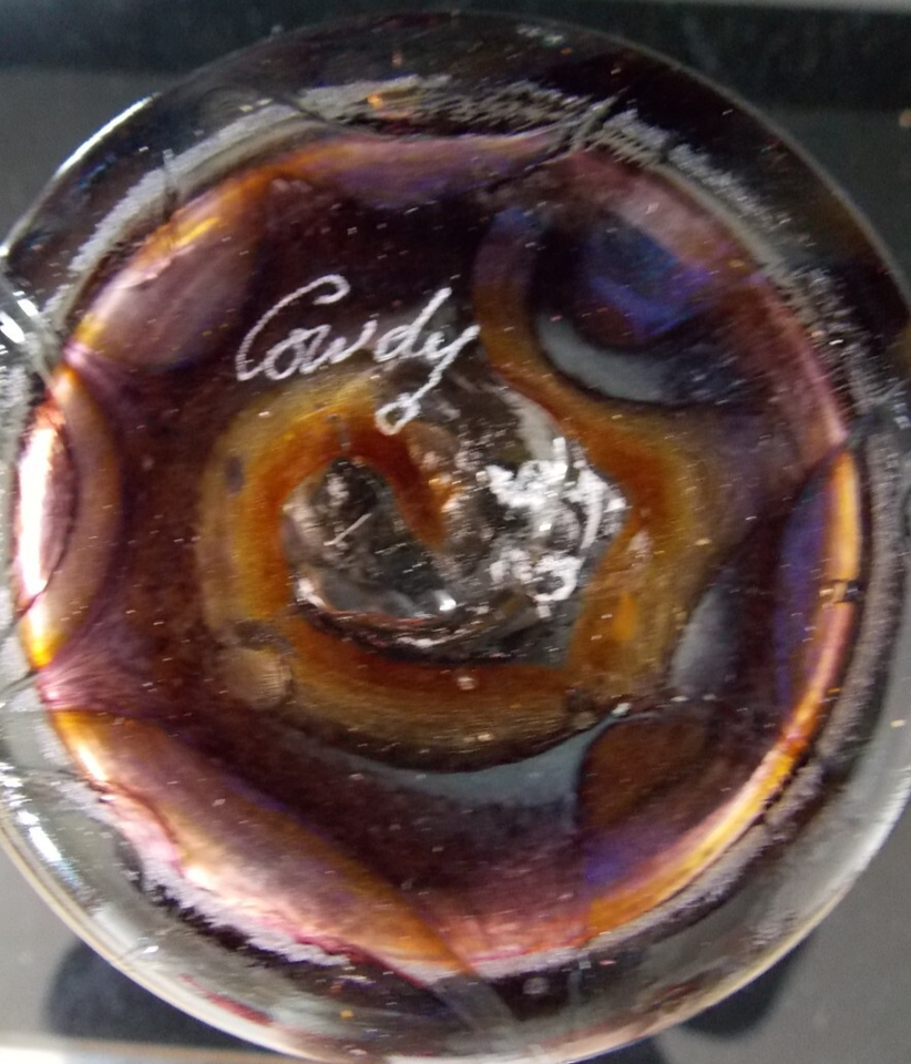 Vintage COWDY iridescent glass VASE studio art signed hand blown pontil ...