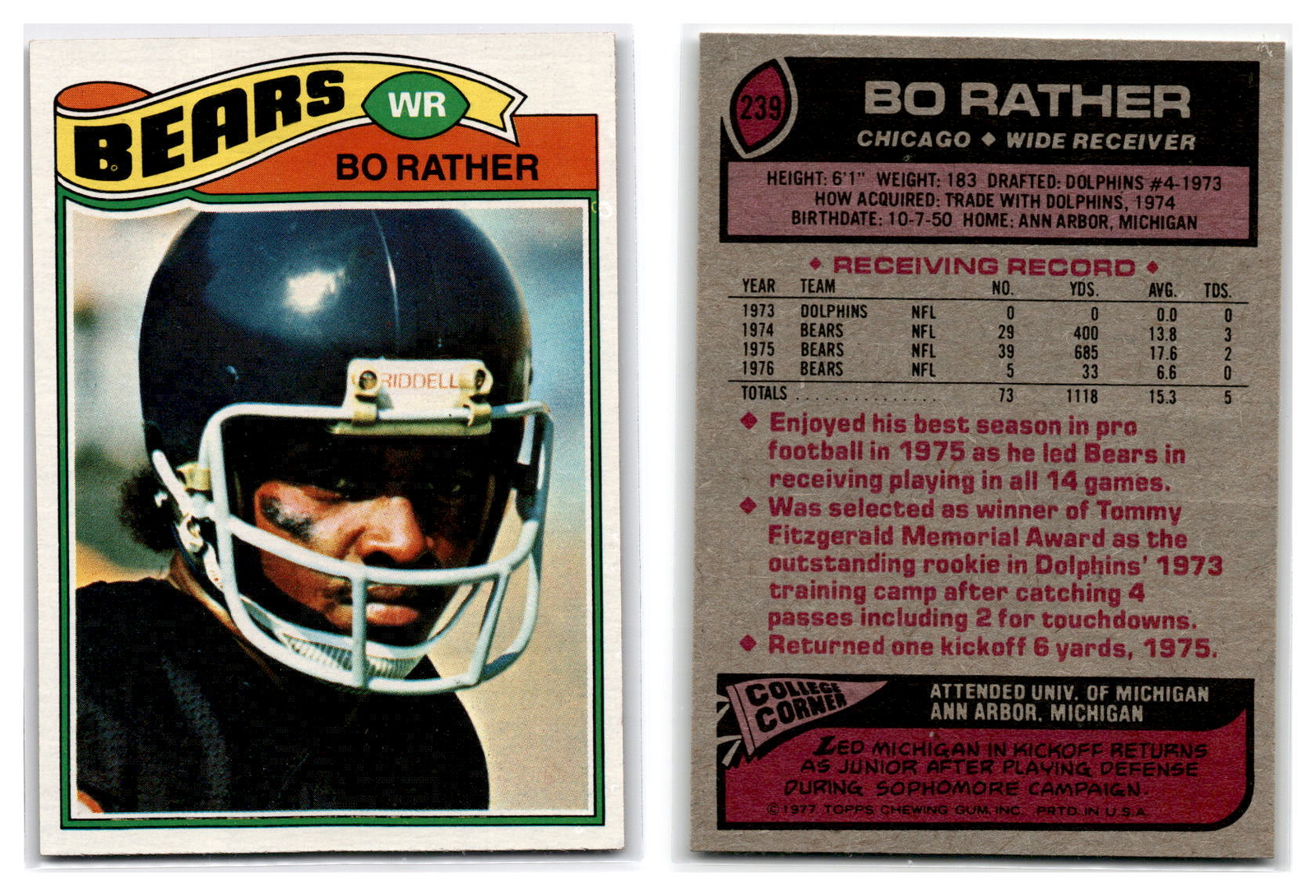 1977 Topps #239 Bo Rather RC EXMT/NM - Chicago Bears | eBay