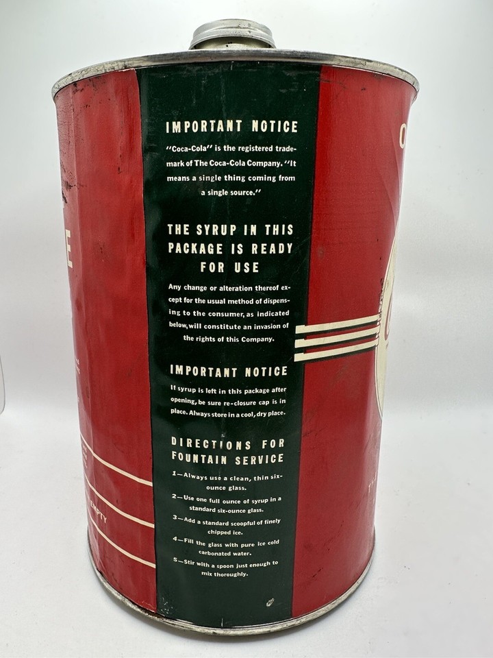 Rare! Vtg 30s COCA COLA 1 GALLON SYRUP METAL CAN PAPER LABEL RED WHITE ...