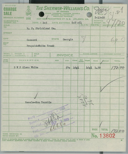 1951 The Sherwin-Williams Co of Georgia Invoice to R.F. Strickland & Co ...