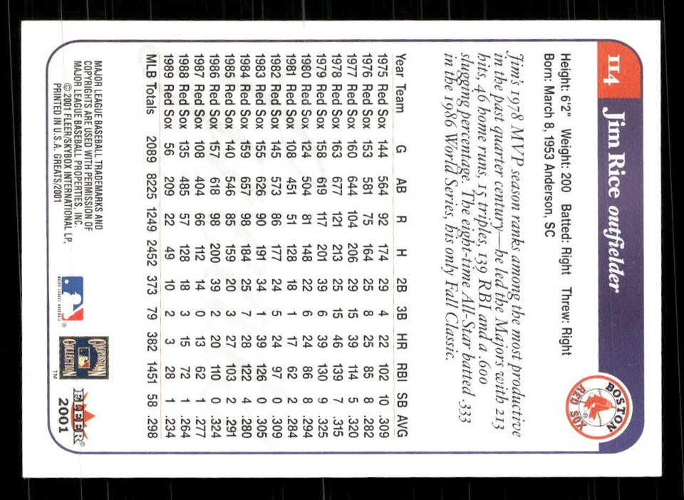 2001 Fleer Greats of the Game #114 Jim Rice | eBay UK