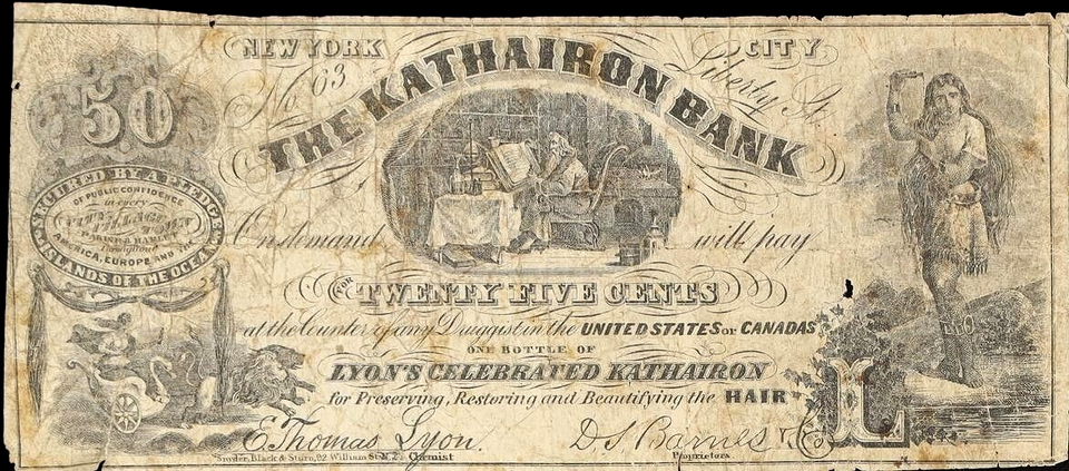 NY 25¢ NEW YORK CITY The Kathairon Bank Lyon's Ad Note ca. 1860s | eBay