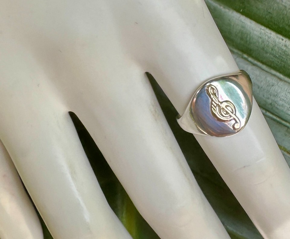 Sterling Silver & 14K Yellow Gold Musical Note Unisex Signet Ring | eBay