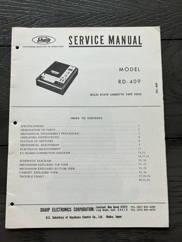 Sharp RD-409 Solid State Cassette Tape Player Service Manual Vintage ...