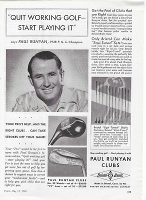 Paul Runyan Clubs 1938 PGA Golf Champion Golf Clubs 1940 Vintage Print ...