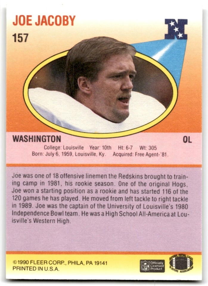 1990 Fleer Joe Jacoby Washington Redskins #157 | eBay