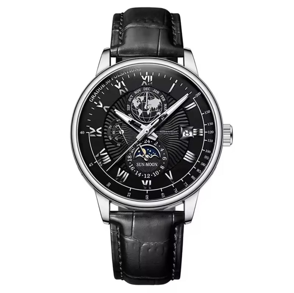 Luxury Men’s Quartz Watch Sun Moon Dial Design World Time Leather Strap ...