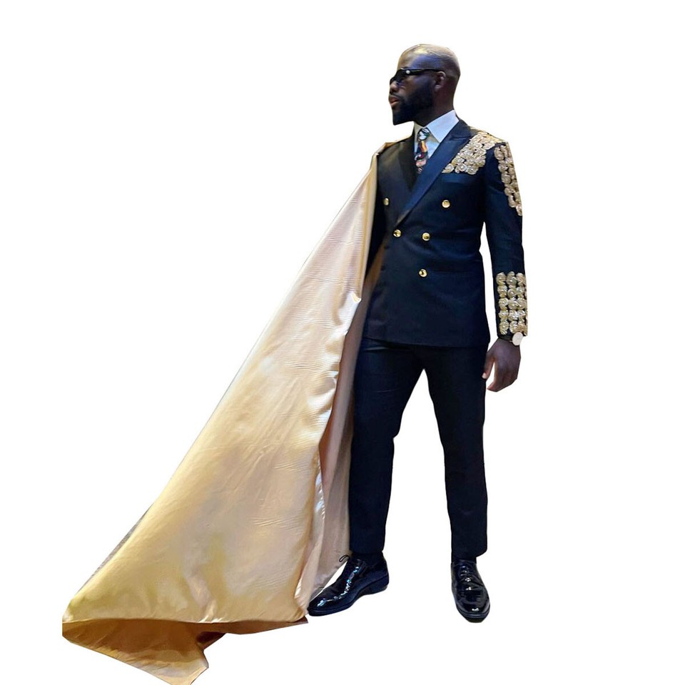 Men's Black Suits Jacket with Long Satin Cape Fashion Formal Party Wear ...
