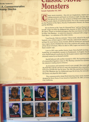 U.S. Commemorative Stamp Block Classic Movie Monsters 1997. Dracula ...