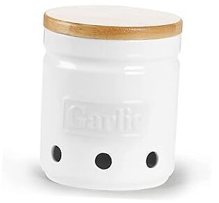 Large Garlic Keeper with Wooden Lid, Ceramic Garlic Holder Storage ...