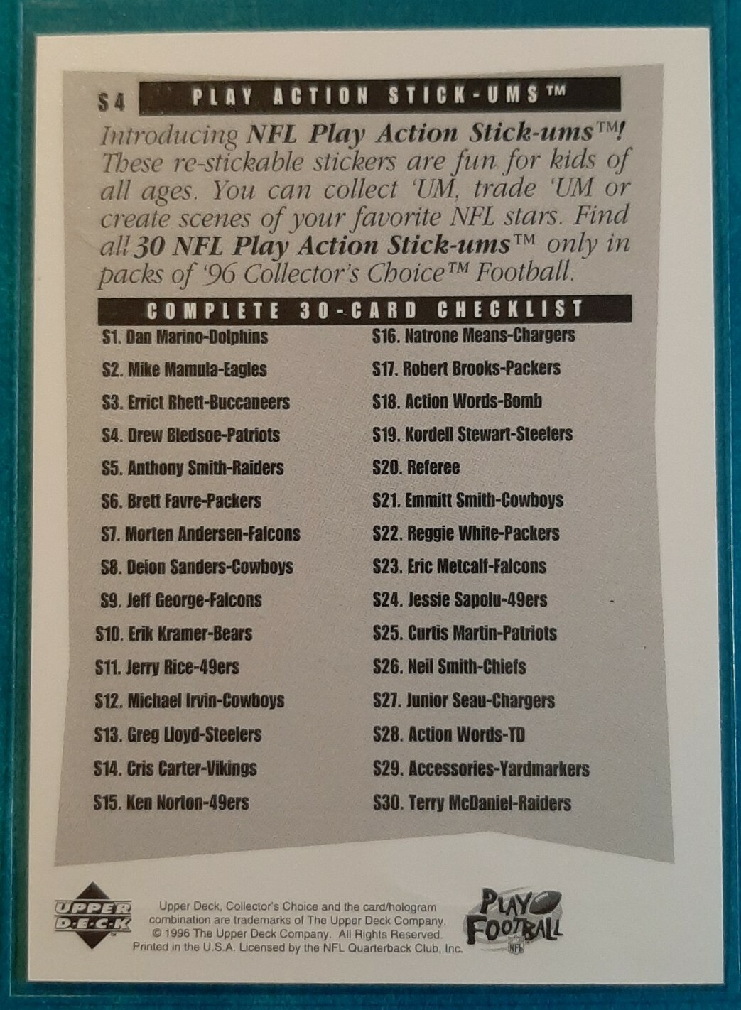 1996 COLLECTOR'S CHOICE PLAY ACTION STICK-UMS DREW BLEDSOE #4 NE ...