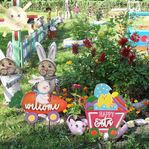 Easter Decorations Outdoor, Set of 2 Metal Easter Eggs Bunny Decorative ...