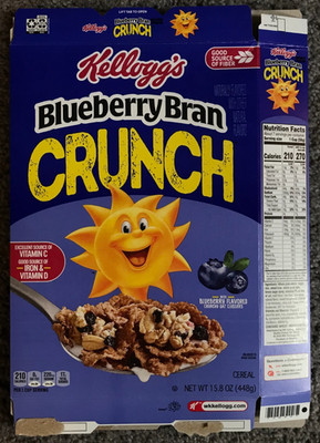 EMPTY Kellogg's Blueberry Bran Crunch Cereal Box Raisin Sunny FLATTENED ...