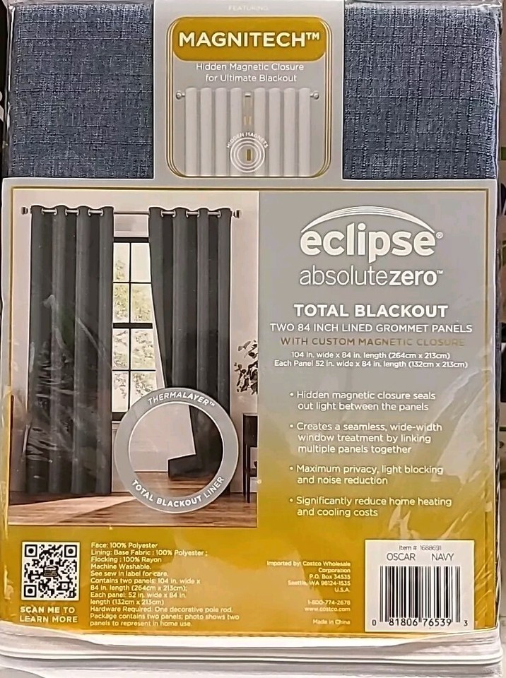 Eclipse Total Blackout Grommet Curtains Magnetic Closure 52”x84", 2 ...